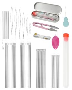 fiveizero 60 pieces beading needle set, 5 sizes species big eye beading needles (with threader) needle bottle, yarn, embroidery needle, thimble foldable beading needle set for jewelry making