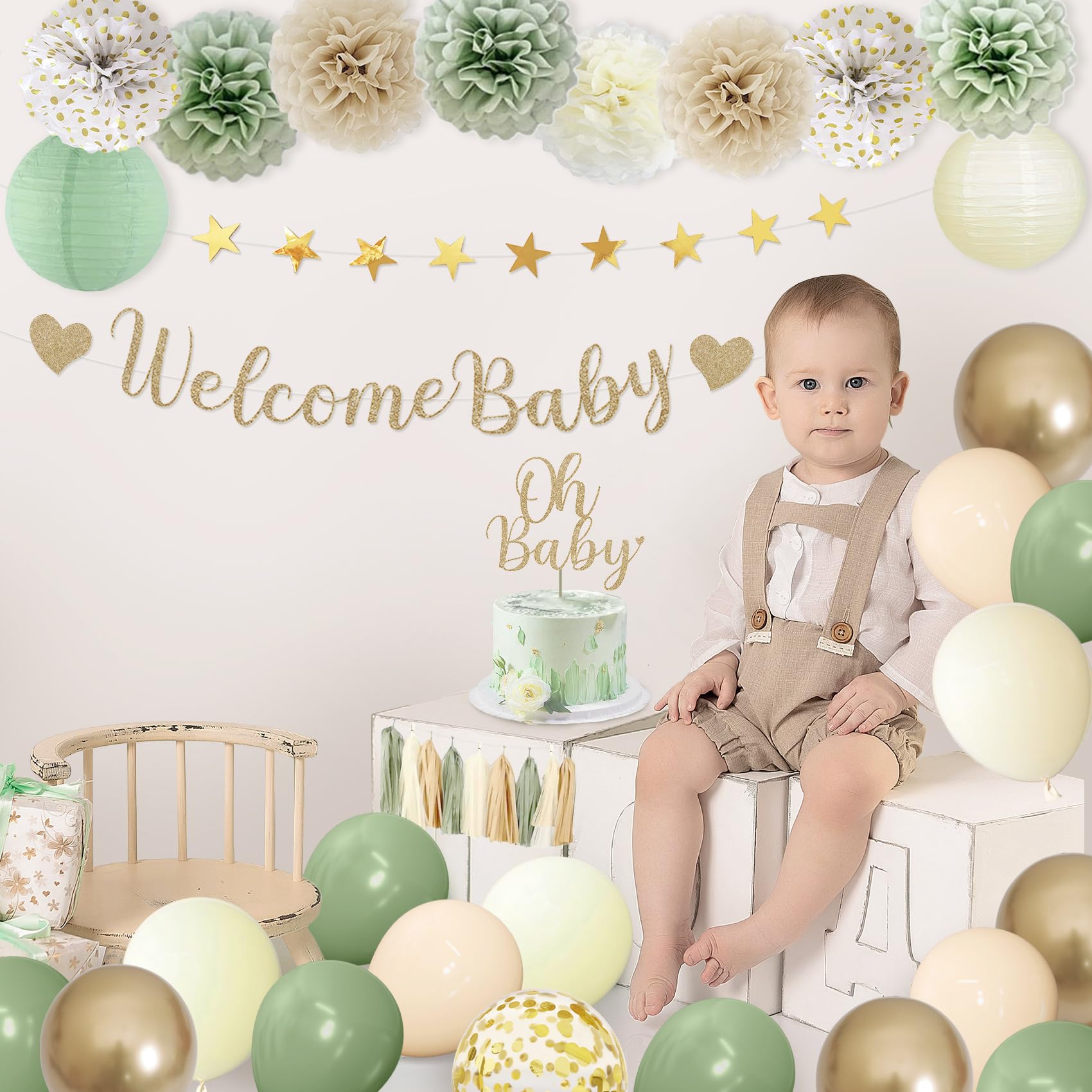 Amandir Baby Shower Decorations Sage Green Balloons Welcome Baby Banner, Cake Topper, Paper Lanterns, Pom Poms Flowers Tassels, Circle Dots Star Garland, Neutral Gender Reveal Birthday Party Supplies