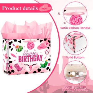 Pink Cowgirl Birthday Gift Bag, Large Western Happy Birthday Wrapping Paper Bags Decorations with Handles Greeting Card Tissue Paper Y2K Disco Wrap Bags for Party Favors Decor Girls Women Supplies