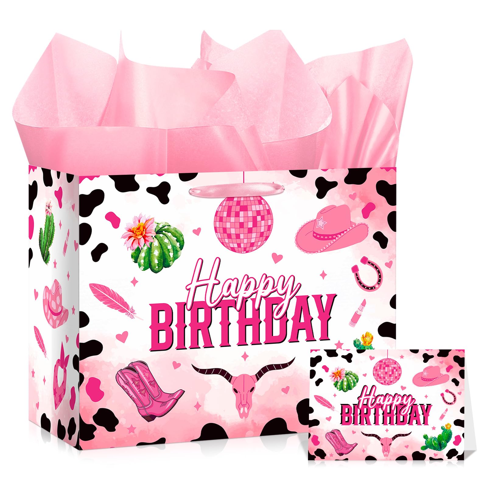 Pink Cowgirl Birthday Gift Bag, Large Western Happy Birthday Wrapping Paper Bags Decorations with Handles Greeting Card Tissue Paper Y2K Disco Wrap Bags for Party Favors Decor Girls Women Supplies