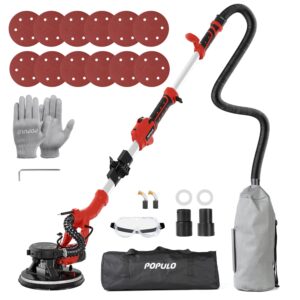 populo drywall sander, 810w 7a electric drywall sander with vacuum attachment, 6 variable speed 1800rpm power ceiling sander tool with led light for sanding wall, ceiling removal, upgraded version