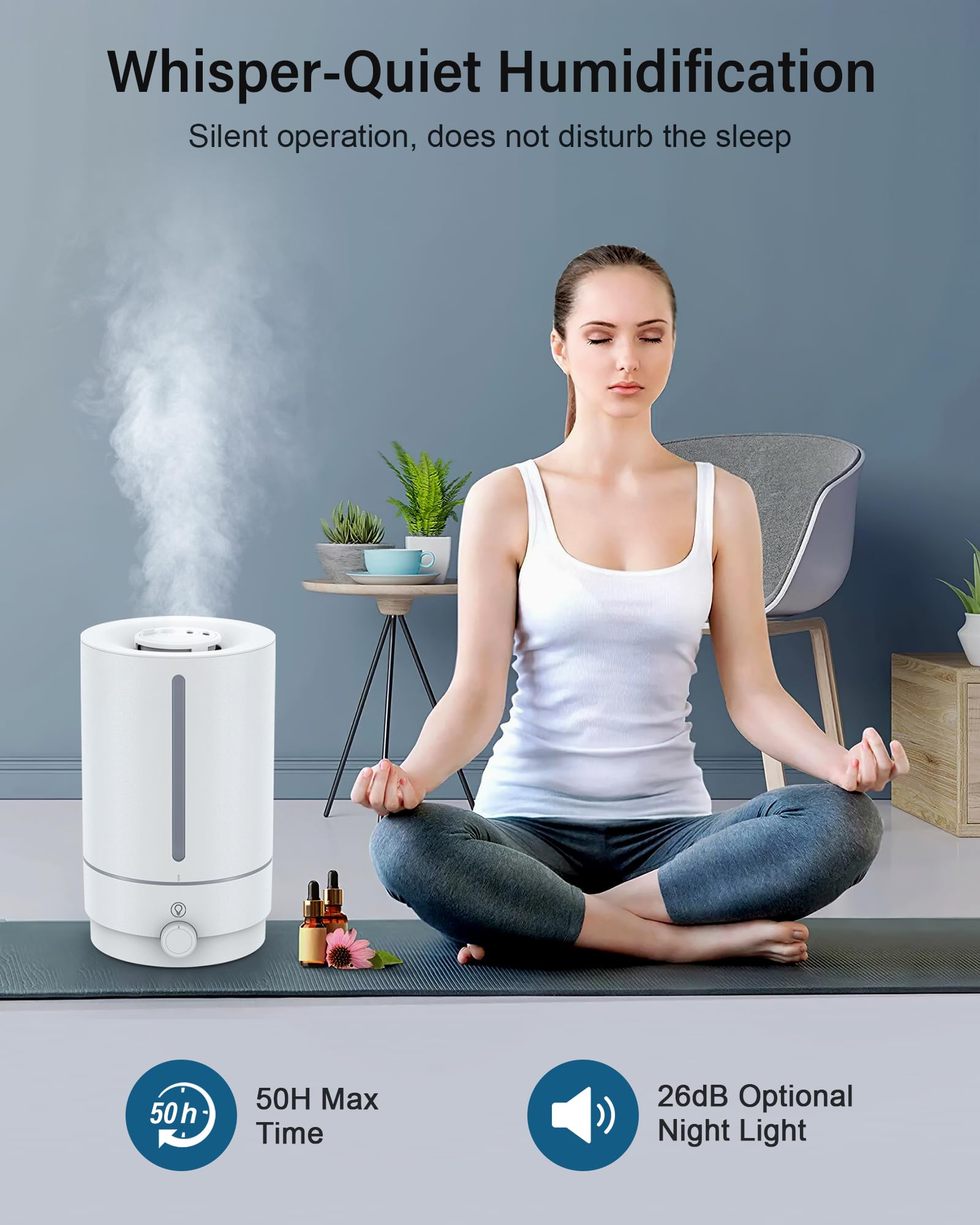 Marnetstone Humidifiers for Bedroom, 5 L Top Fill Cool Mist Humidifiers with Oil Diffuser, Ultrasonic Humidifiers for Large Room, Home, Nursery, Office, Plants, 360° Nozzle