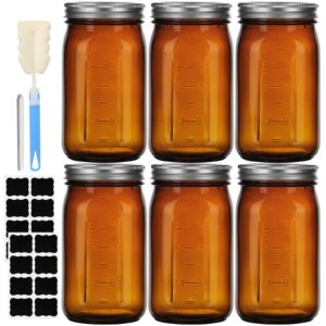 toeksix amber glass mason jars wide mouth 32 oz/quart with airtight lids and bands 6 pack, amber glass jars for canning, preserving, jam, sauces,pickle fermenting, beverages, diy projects