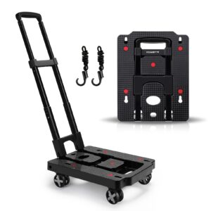 powstr folding hand truck dolly with 4 rotate wheels,120 lbs luggage cart with 2 elastic ropes and adjustable handle, portable platform truck for moving,travel, shopping, house office use, black