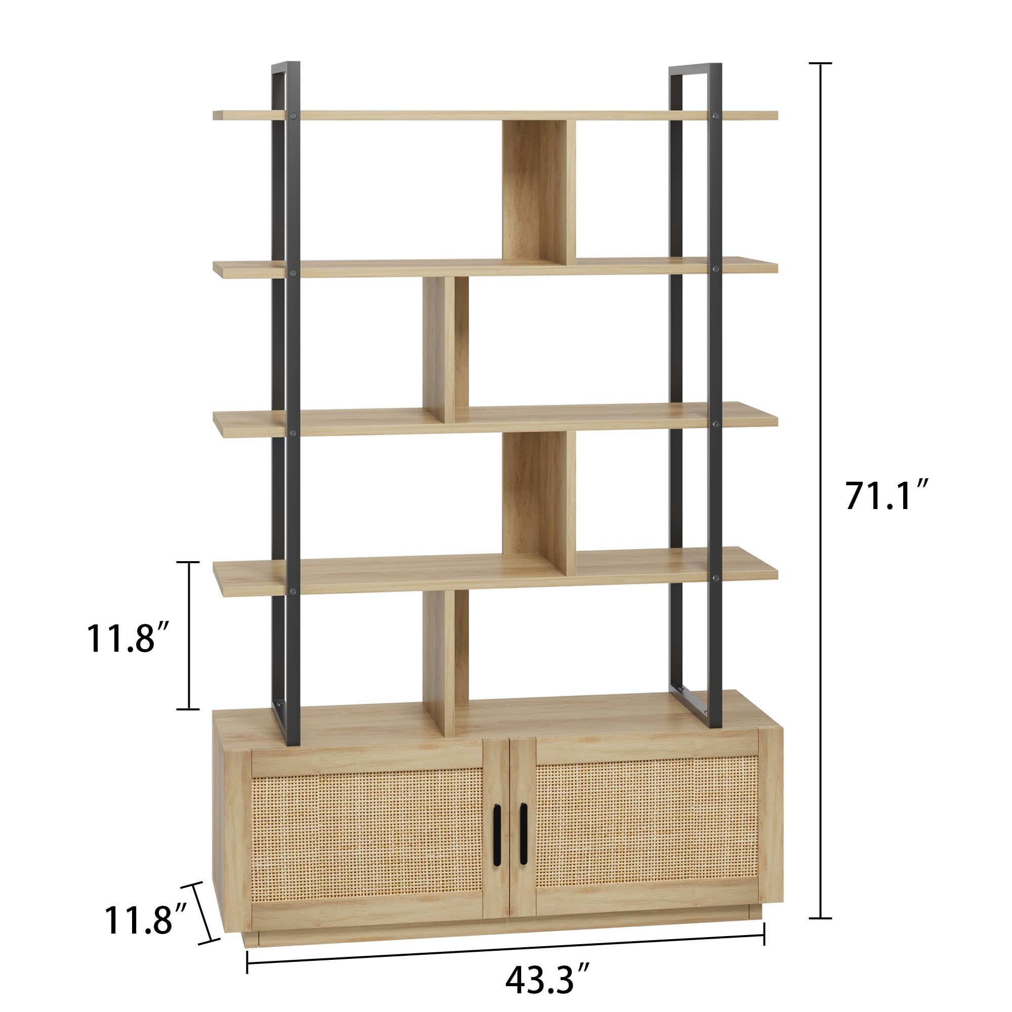 CABIHOME 5 Tier Rattan Bookshelf with Storage Cabinet & Door, 71.1 Inch Tall Industrial Book Shelf with Open Display Shelves, 5 Shelf Bookcase with Metal Frame for Living Room, Bedroom (Burlywood)