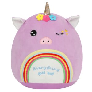 easfan 14 unicorn rainbow plush pillow get well stuffed animals, cuddly soft toy with blink eyes flower wreath, everything goes well gifts for kids toddlers girls boys, purple