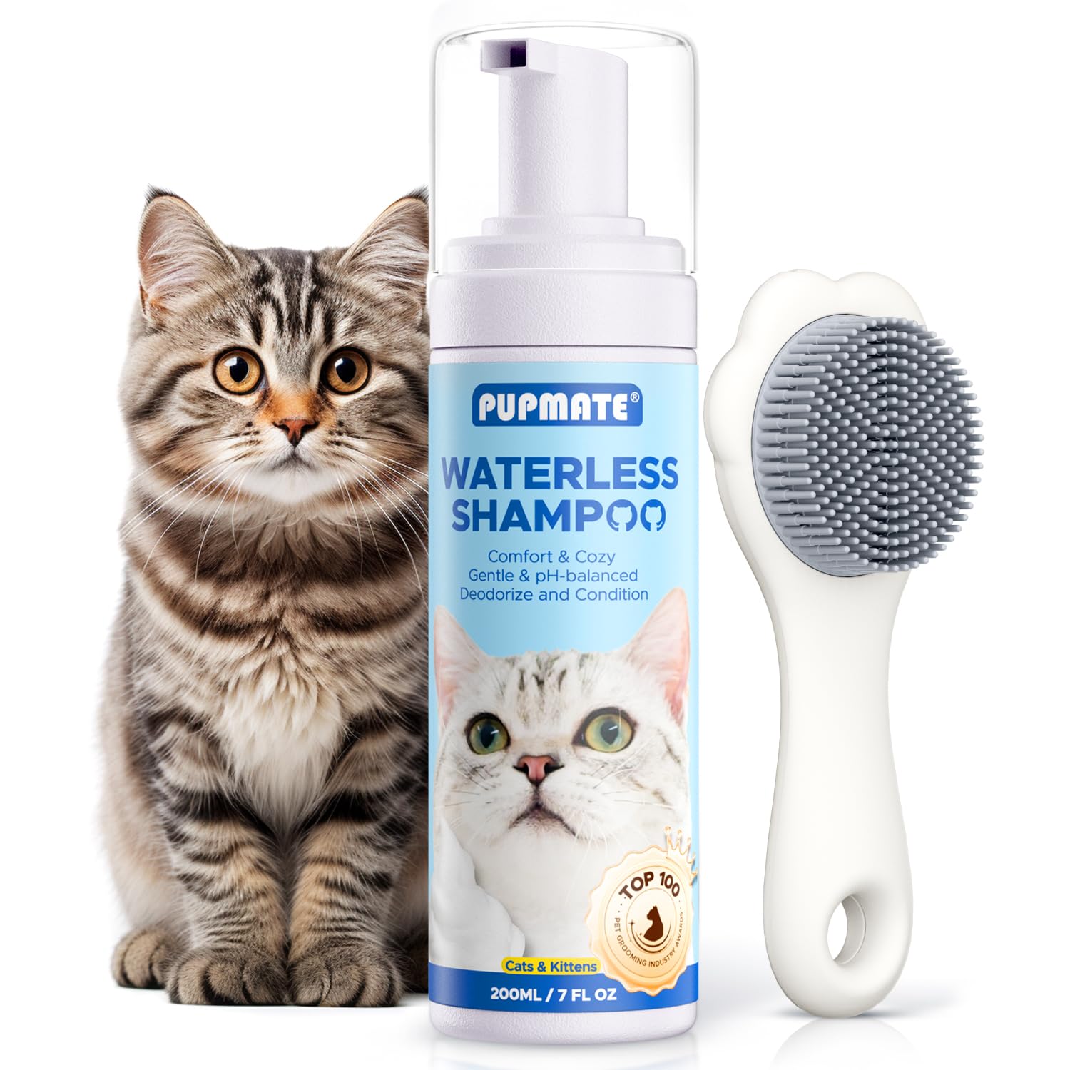 Waterless Cat Shampoo with Cat Brush - No Rinse Foam Dry Shampoo | Deep Cleansing Relieves Itchy Skin & Shedding | Gentle, pH-Balanced for Kittens Sensitive Skin | Specifically for Cat Bath | 7 oz