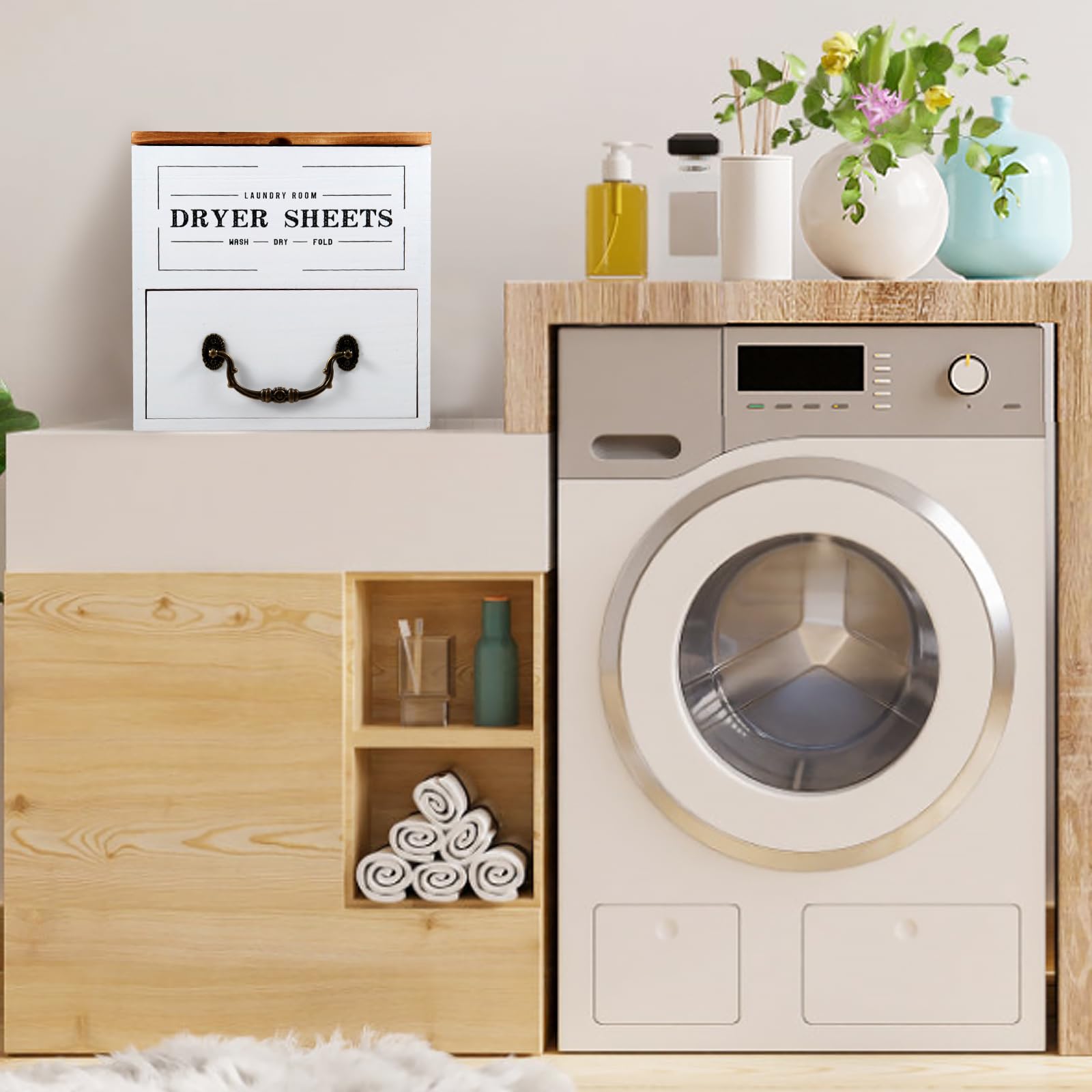 CXCVENY Dryer Sheet Container for Laundry Room Organization, Dryer Sheet Holder with Drawer and Lid, Wood Dryer Sheet Dispenser Container for Dryer Sheets, Laundry Pods, Dryer Balls