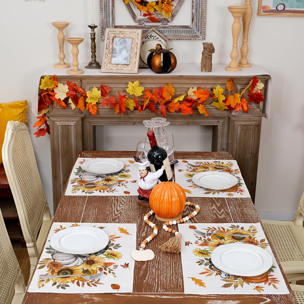 ARKENY Fall Placemats 12x18 Inches Set of 4, Pumpkin Maple Leaf Orange Autumn Seasonal Farmhouse Burlap Indoor Outdoor Table Mats Decorations for Home Party AP633-4