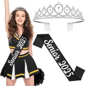 landical halloween senior 2025 sash and crown set black senior sash with white glitter letters silver crown tiaras cheerleader 2025 graduation party supplies for halloween gifts grad decor