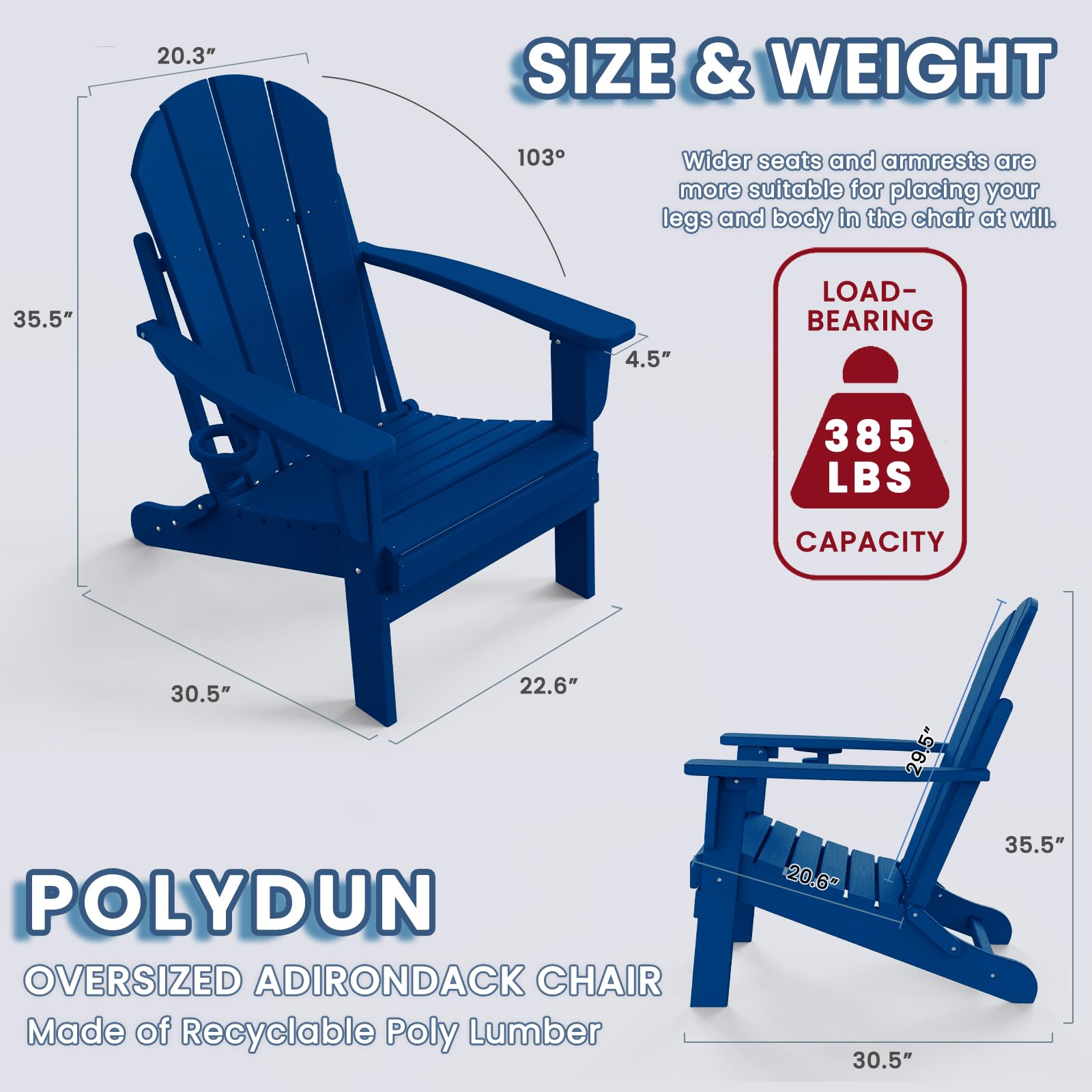 Folding Adirondack Chair with Cup Holder, Poly Lumber Patio Chairs, Wood Texture, Pre-Assembled Weather Resistant Outdoor Chairs for Pool, Deck, Backyard, Garden, Fire Pit Seating, Navy Blue