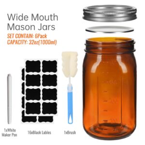 TOEKSIX Amber Glass Mason Jars Wide Mouth 32 oz/Quart with Airtight Lids and Bands 6 Pack, Amber Glass Jars for Canning, Preserving, Jam, Sauces,Pickle Fermenting, Beverages, DIY Projects