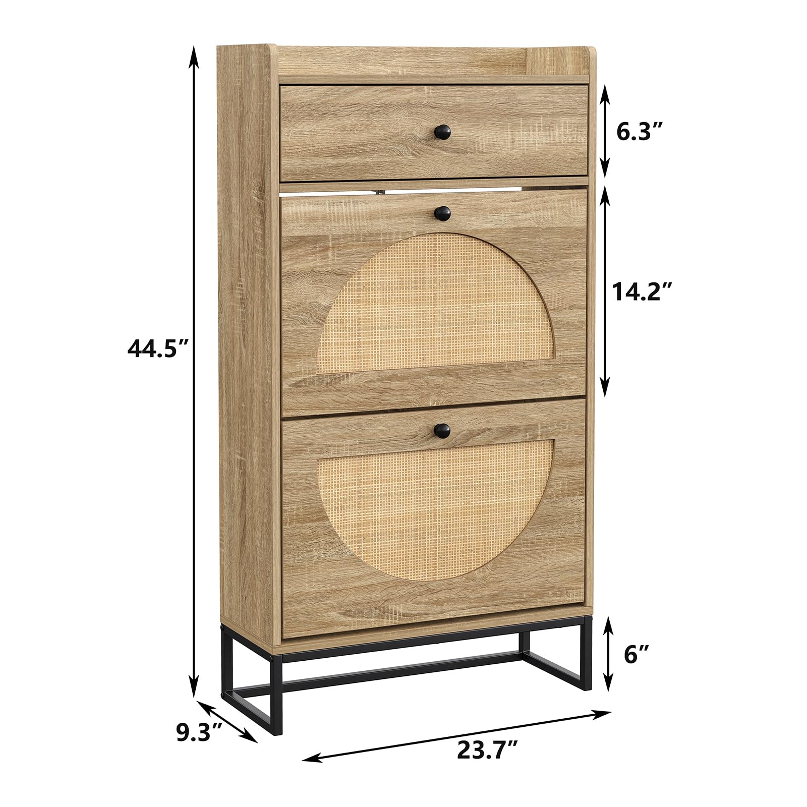 furomate Shoe Rack Storage Organizer with 2 Natural Semi-Circular Rattan Doors and Drawer Space, Entryway Shoe Cabinet for Sneakers, Leather Shoes, High Heels, Slippers Entryway Furniture