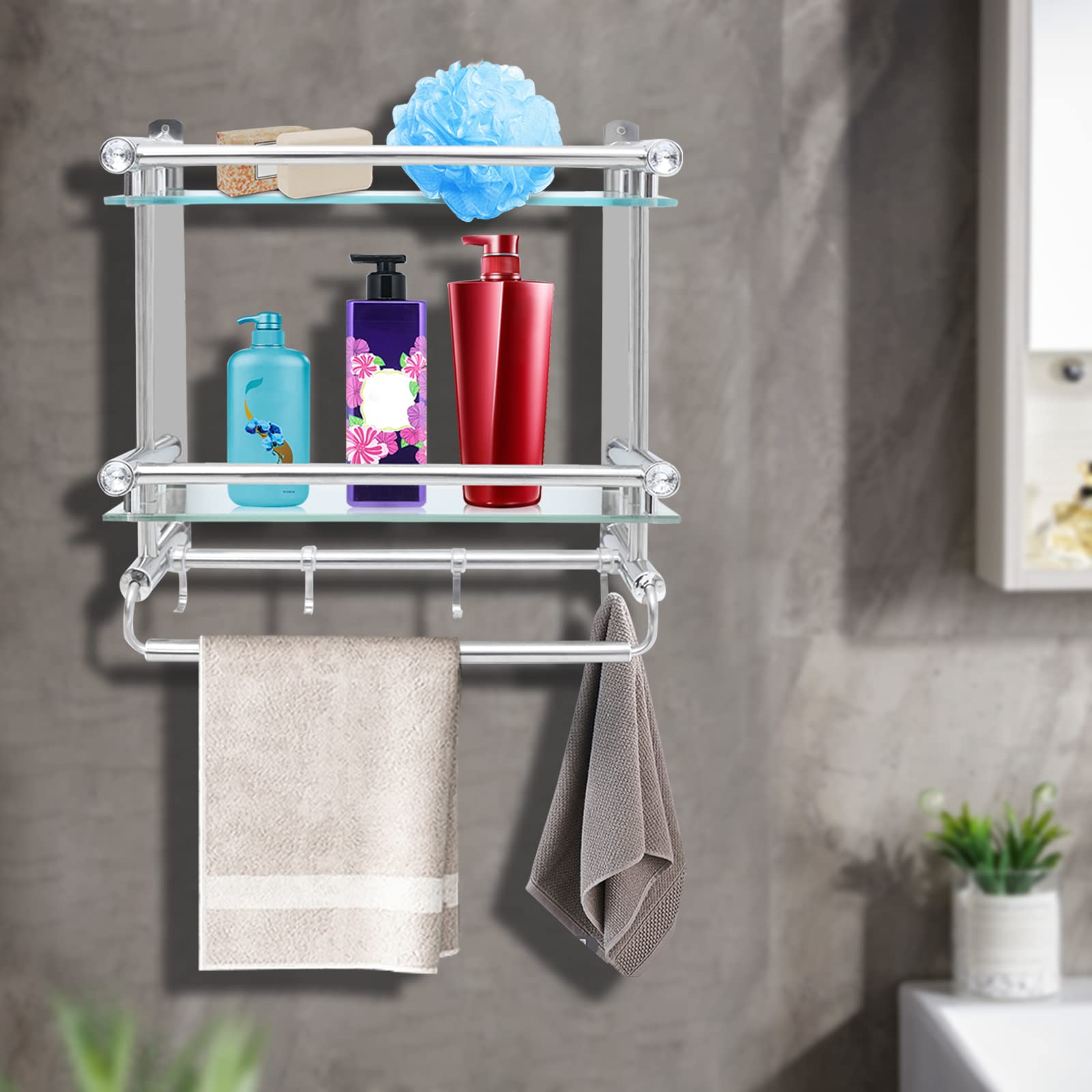 DAERNA Floating Shelves with Towel Rack, Wall Mounted Hanging Bathroom Shelves Over Toilet, No Drilling Stainless Shower Shelves, Corner Wall Shelf for Bedroom Organizers Kitchen Storage