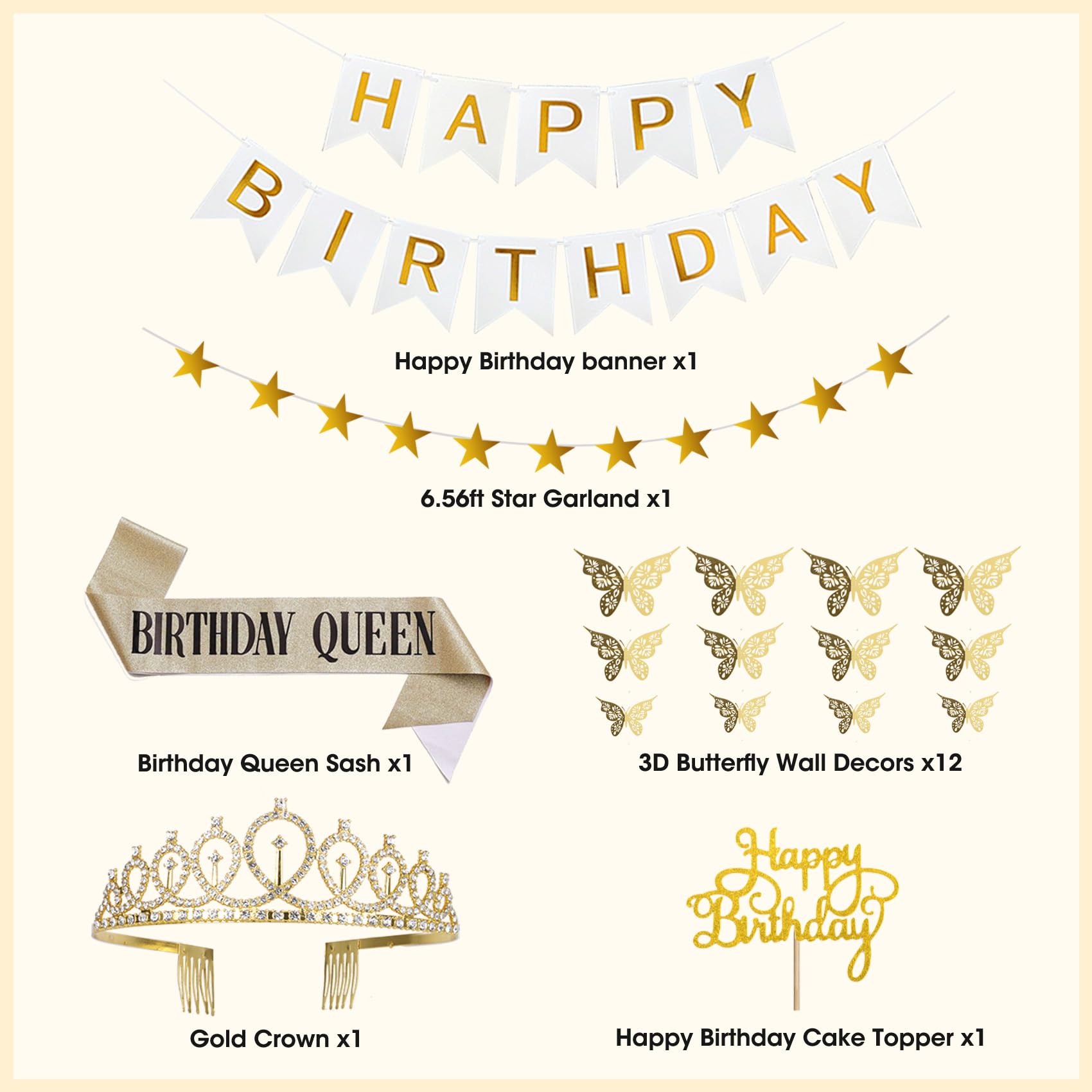 Birthday Decorations for Women, White Sand Beige Cream Neutral Gold Foil Balloons Table Cloth Sash Crown Curtains Happy Birthday Banner Golden Star Garland Butterfly Boho Party Supplies