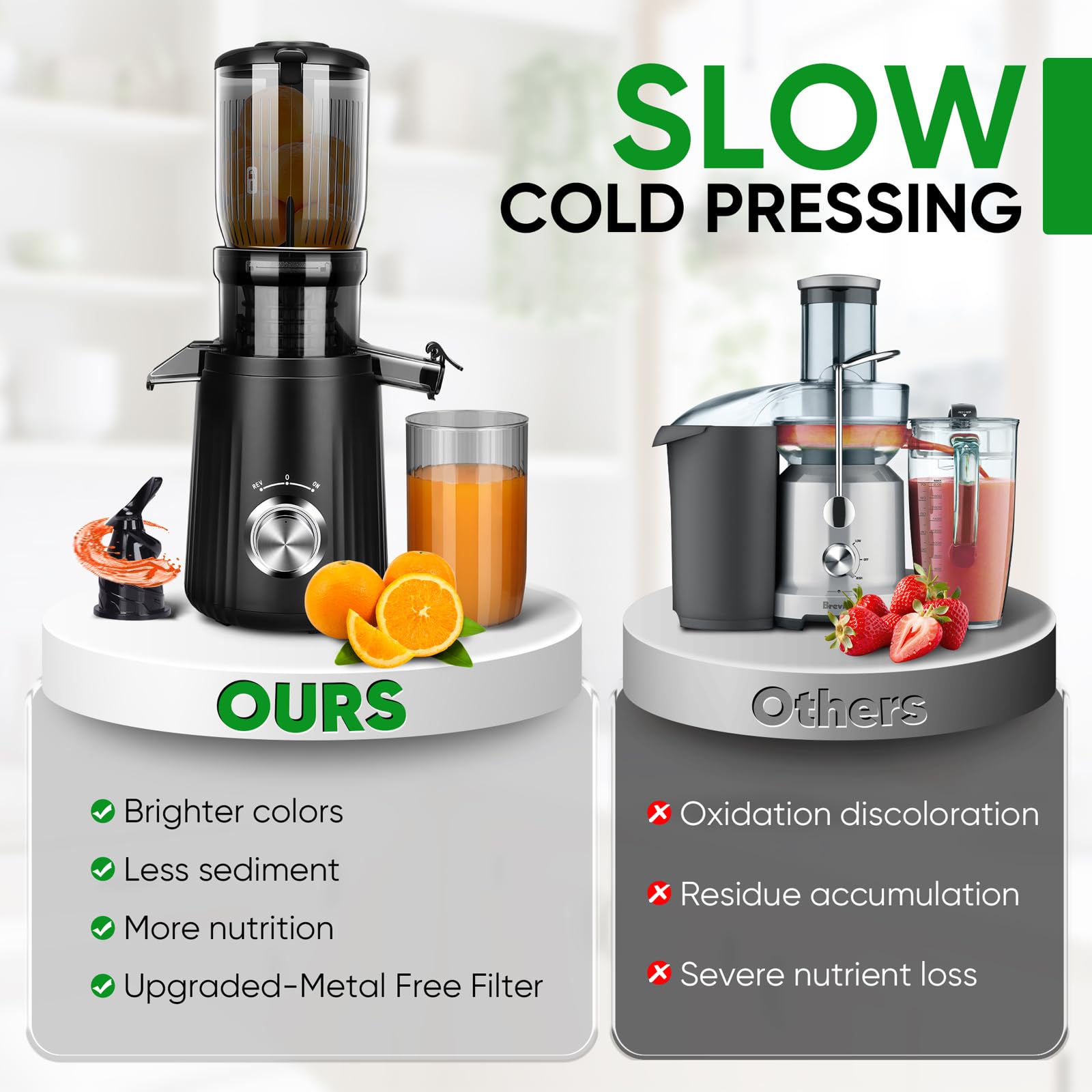 Cold Press Juicer,4.4"Large Feed Chute Slow Masticating Juicer Machines w/ 2 No-Metal Filters,Self Feeding Juice Extractor Easy Clean,Quiet Motor Juicer Machine