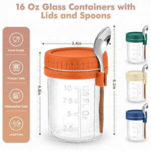 Vaootop 4-pack 16 oz Overnight Oats Containers with Lids and Spoons, Glass jars with Airtight Lids, Wide mouth Mason Salad jars, Glass Food Storage Containers for Snacks Yogurt Spice Sugar