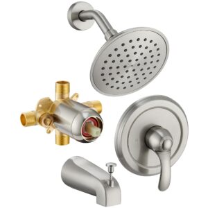 fropo tub shower faucet set with valve, 6-inch shower head and handle set brushed nickel, single-handle tub and shower trim kit with touch-clean rain shower head and tub spout