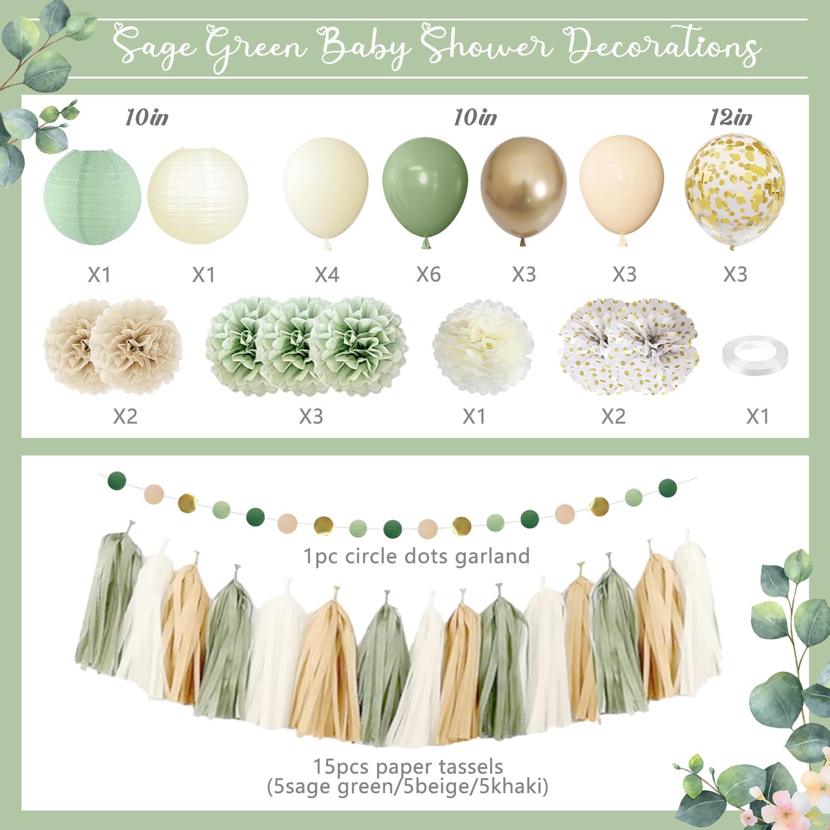 Amandir Baby Shower Decorations Sage Green Balloons Welcome Baby Banner, Cake Topper, Paper Lanterns, Pom Poms Flowers Tassels, Circle Dots Star Garland, Neutral Gender Reveal Birthday Party Supplies