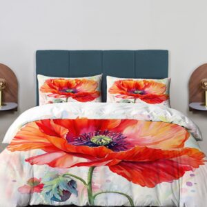 baonews watercolor poppy flower duvet cover set king size, 3 pieces summer beautiful red orange seasonal floral 100% cotton bedding set hotel quality comforter cover set with 2 pillowcases(no filler)