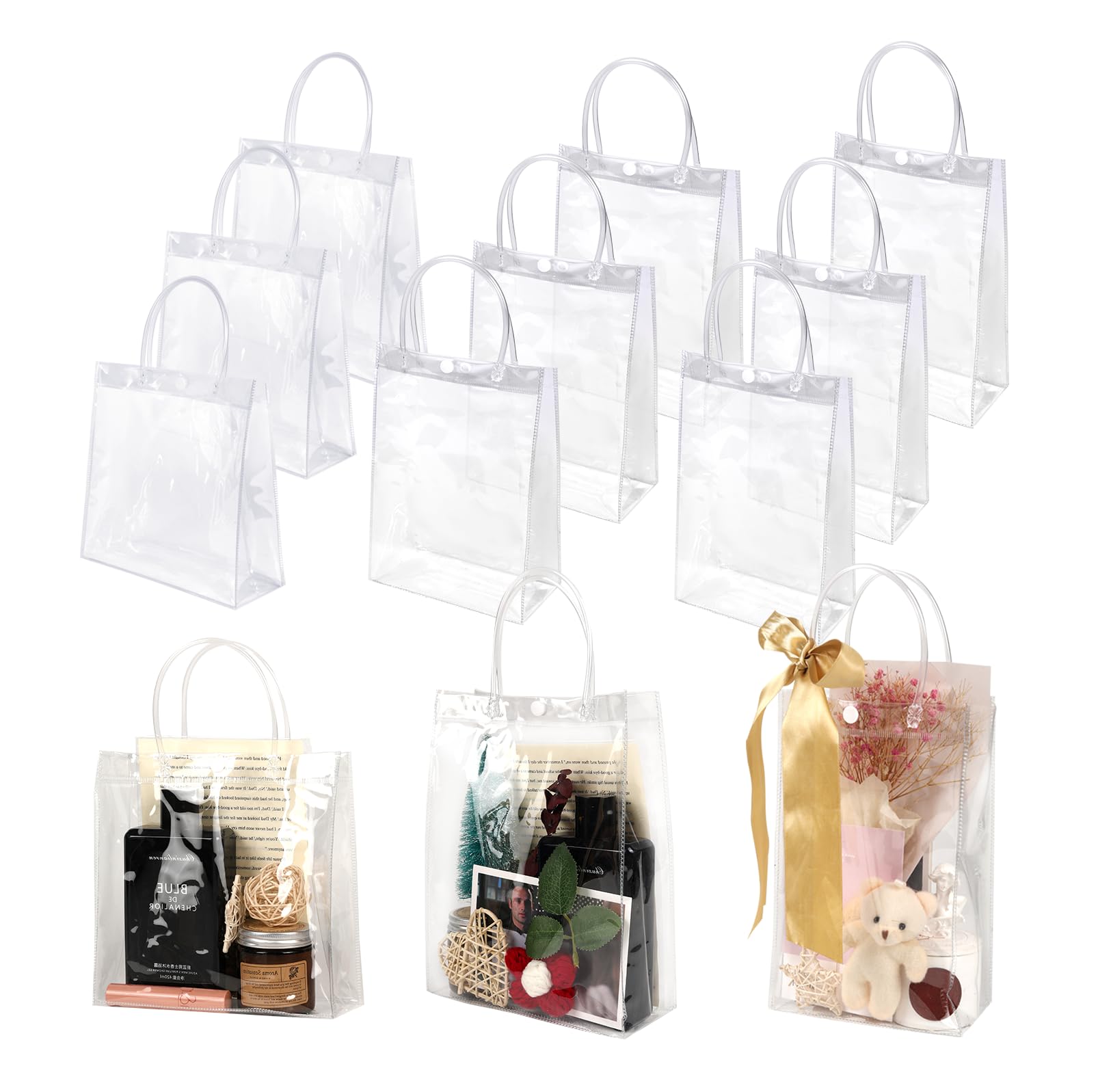 zandfelo 20 Pcs Clear Gift Bags with Handle, Clear Goodie Bags Plastic Gift Bags, Reusable Transparent PVC Gift Wrap Tote Bag for Gift Wrapping (clear, 8x10x3.2)