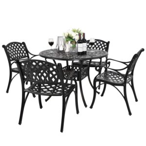 nuu garden 5 piece outdoor patio dining set, cast aluminum round dining table with umbrella hole and patio dining chairs for patio, garden, backyard, balcony, black with bronze edge