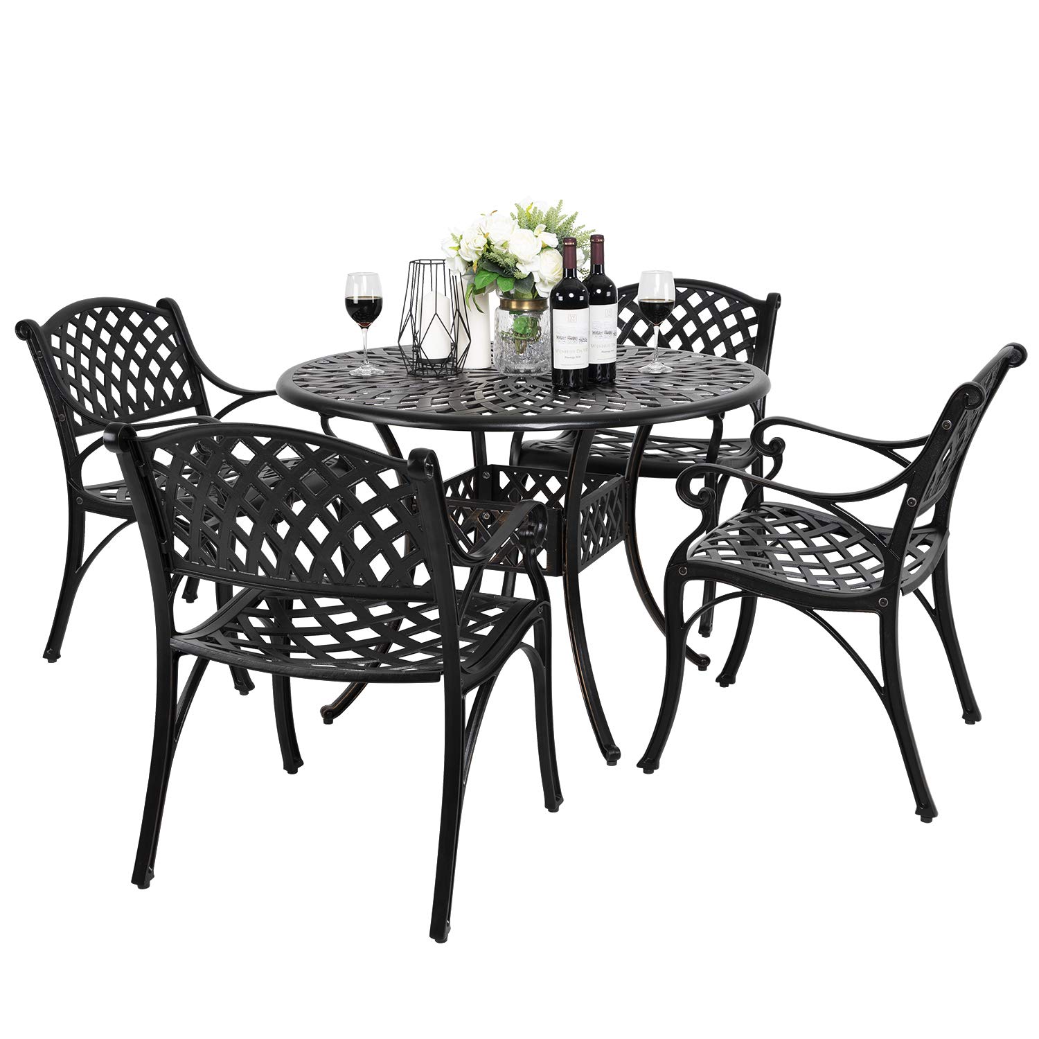 NUU GARDEN 5 Piece Outdoor Patio Dining Set, Cast Aluminum Round Dining Table with Umbrella Hole and Patio Dining Chairs for Patio, Garden, Backyard, Balcony, Black with Bronze Edge