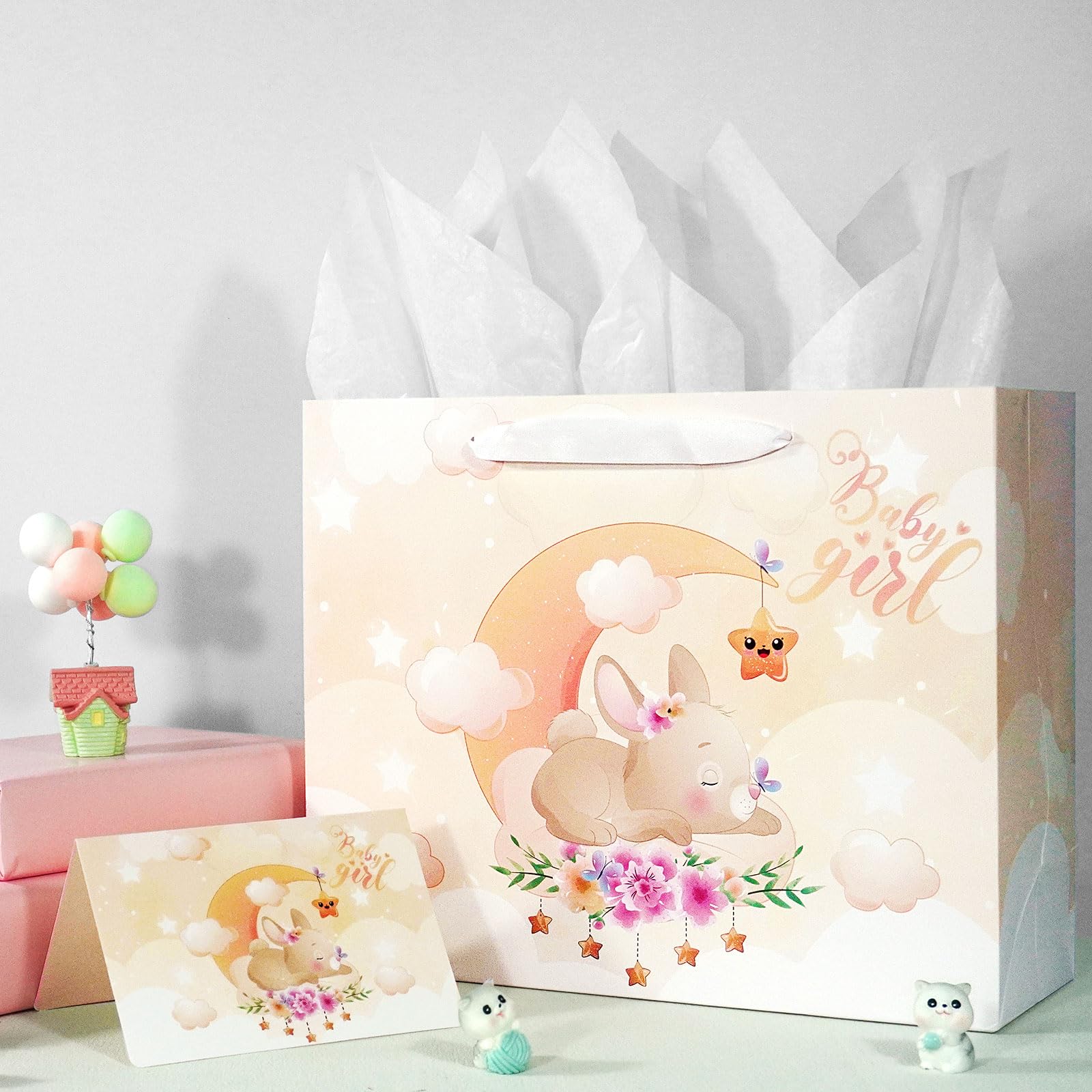 Baby Girl Gift Bag Set with Card and Tissue Papers, 12.6" Paper Bag with Handles for Baby Shower, Baby Girl Birthday, Newborn Party, New Parents