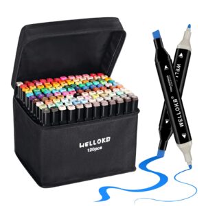 wellokb alcohol markers, dual tip permanent art markers for coloring, illustrations, and sketching, includes case for easy storage, alcohol, based ink ideal for book painting and card making (120)