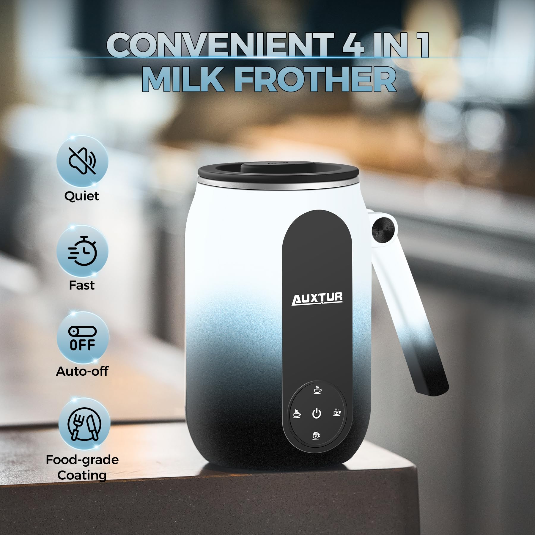 AUXTUR Electric Milk Frother, 4 in 1 Milk Steamer, Coffee Frother, 15.2oz/450ml Automatic Warm and Cold Foam Maker, Milk Warmer, electric frother for coffee, Latte, Cappuccinos, Hot Chocolate