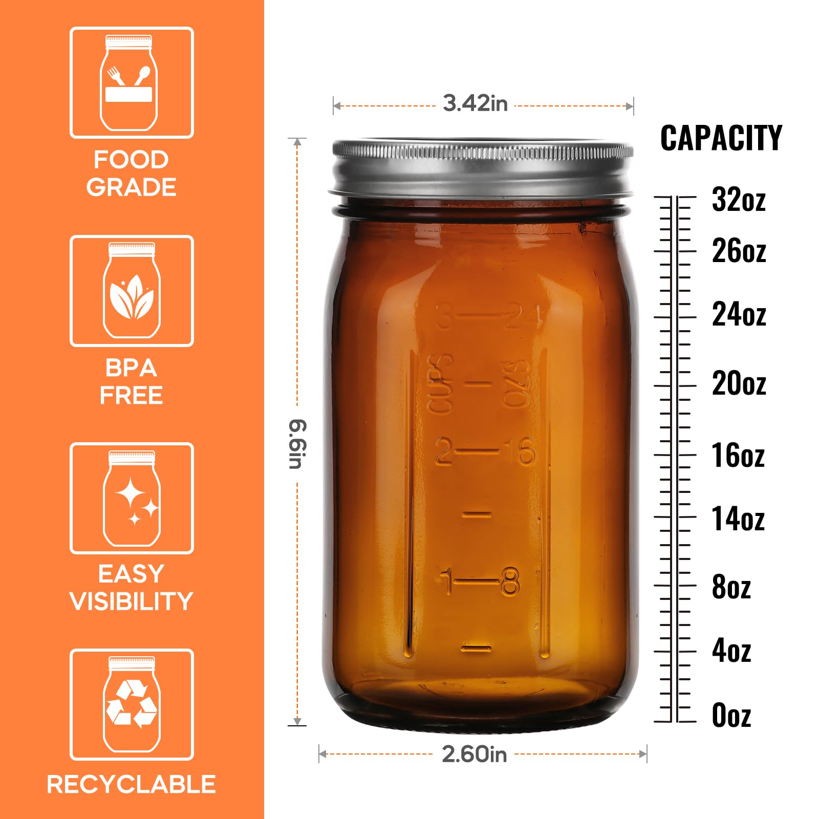 TOEKSIX Amber Glass Mason Jars Wide Mouth 32 oz/Quart with Airtight Lids and Bands 6 Pack, Amber Glass Jars for Canning, Preserving, Jam, Sauces,Pickle Fermenting, Beverages, DIY Projects