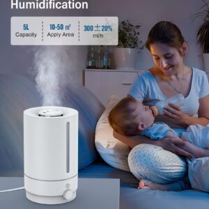 Marnetstone Humidifiers for Bedroom, 5 L Top Fill Cool Mist Humidifiers with Oil Diffuser, Ultrasonic Humidifiers for Large Room, Home, Nursery, Office, Plants, 360° Nozzle