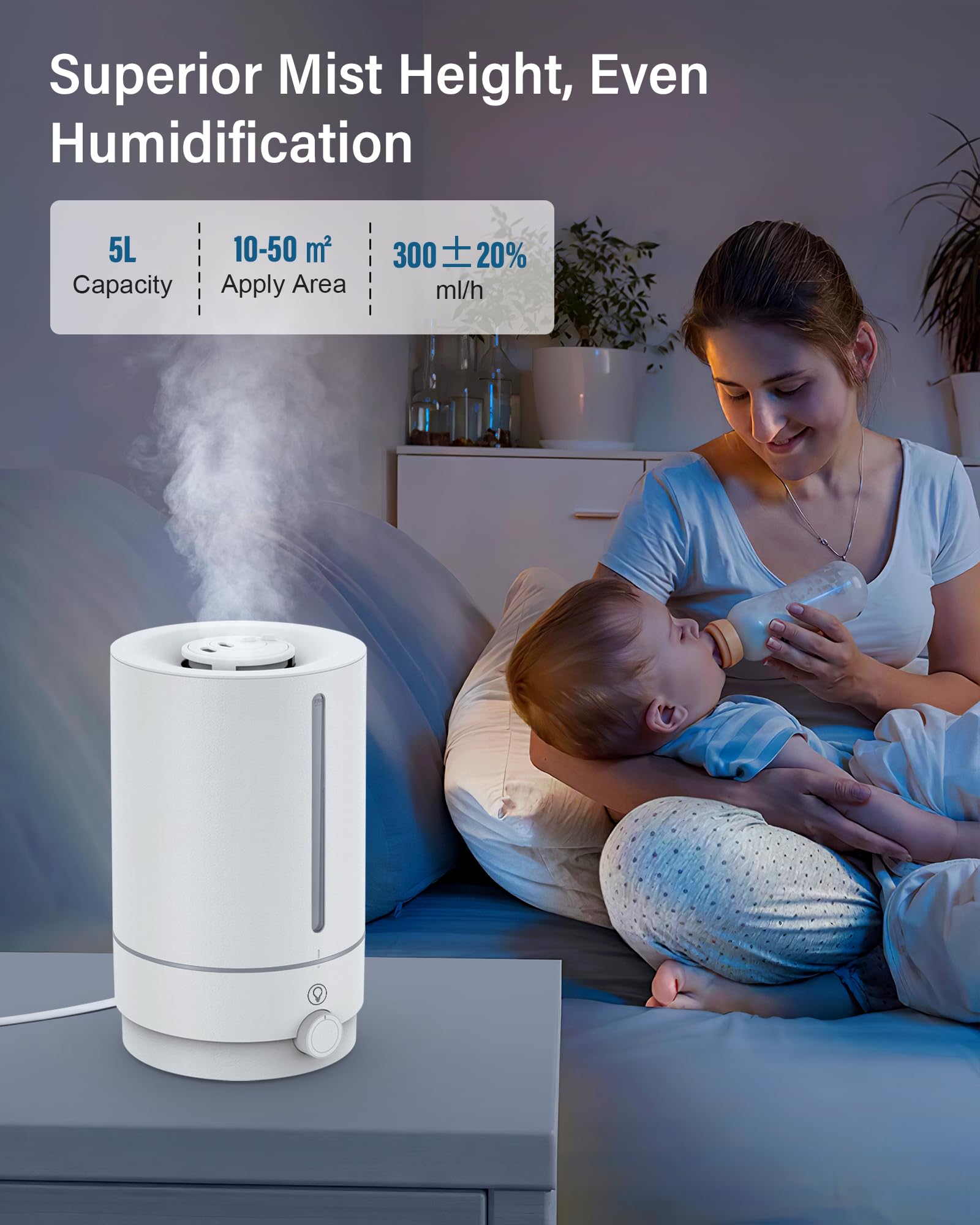 Marnetstone Humidifiers for Bedroom, 5 L Top Fill Cool Mist Humidifiers with Oil Diffuser, Ultrasonic Humidifiers for Large Room, Home, Nursery, Office, Plants, 360° Nozzle