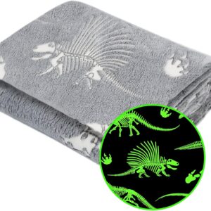 Glow in The Dark Blanket Dinosaur Throw Blanket for Boys Kids Soft Warm Cozy Cute Dino Blanket Unique Toys Gifts Gray Glowing Dinosaur Blankets for Girls Teens 50"x60"