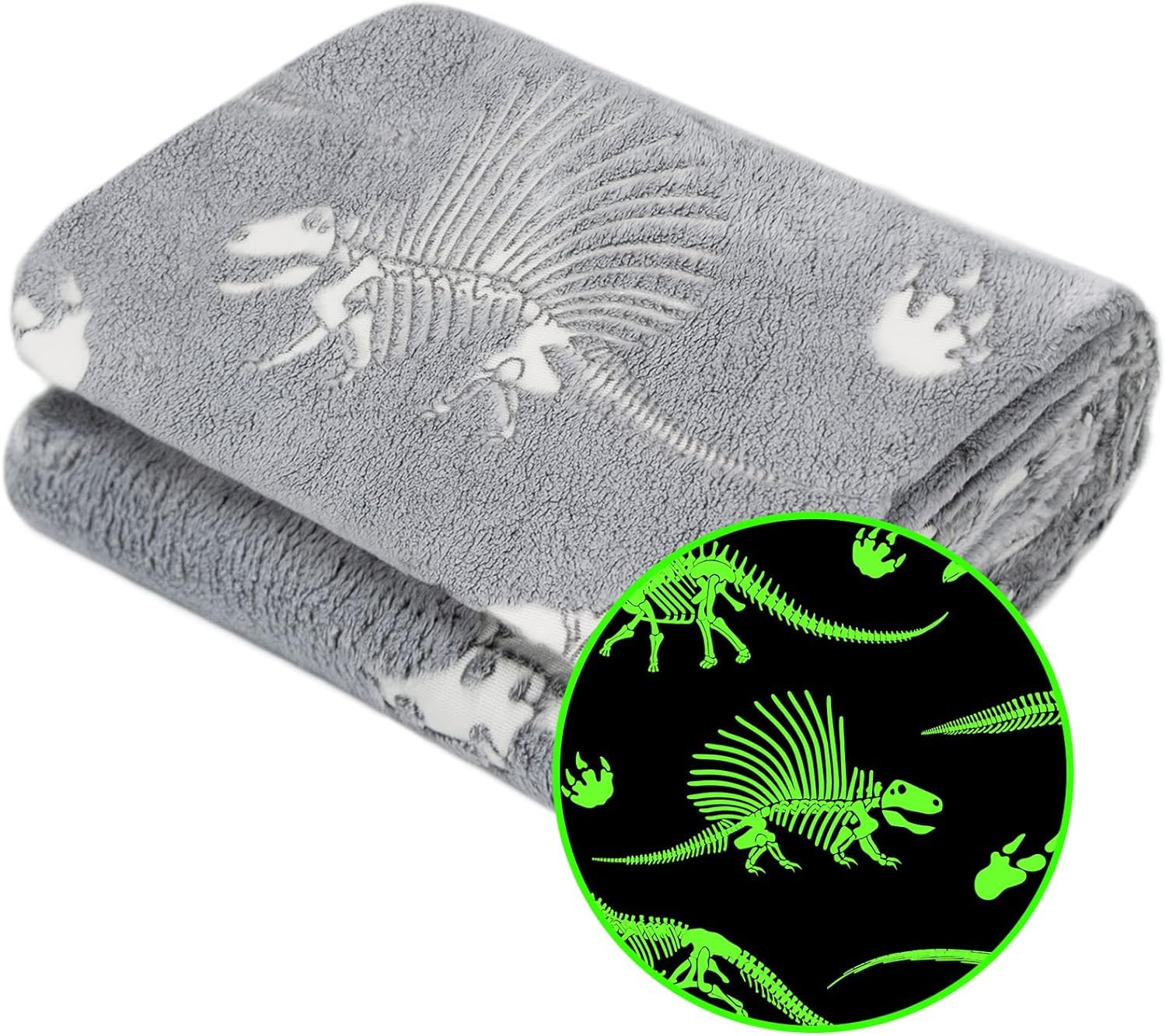 Glow in The Dark Blanket Dinosaur Throw Blanket for Boys Kids Soft Warm Cozy Cute Dino Blanket Unique Toys Gifts Gray Glowing Dinosaur Blankets for Girls Teens 50"x60"