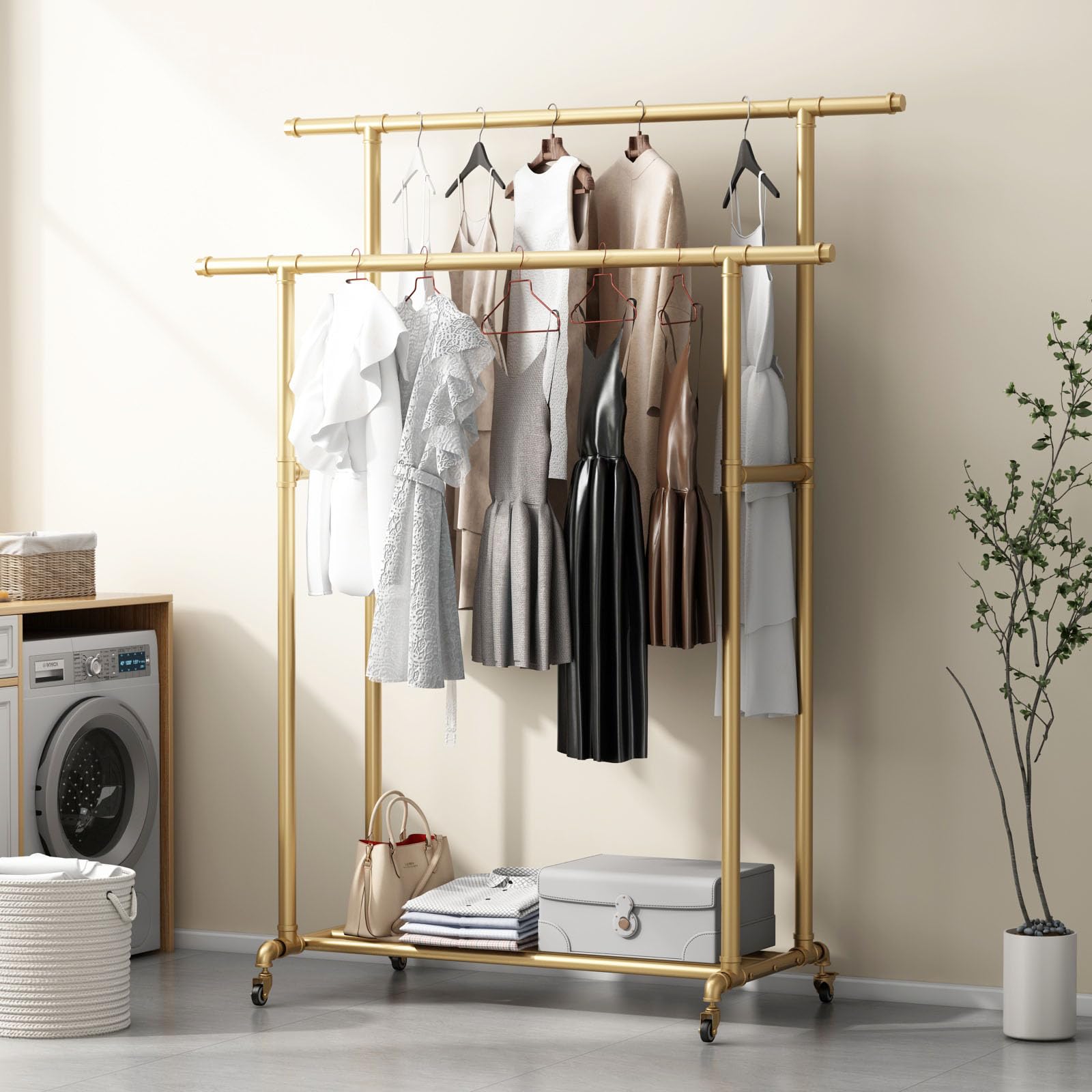 BOSURU Double-Rod Gold Clothes Racks, Industrial Pipe Clothing Rack with Wheels, Garment Rack with Shelf and 2 Side Rods, Loads up to 220 lb, for Bedroom, Clothing Store, Gold