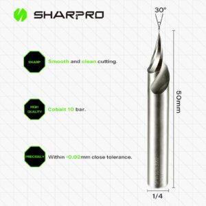 SHARPRO Chamfer End Mill V Groove O Flute Spiral Router Bit 30 Degree 1/4 Inch Shank CNC Carbide V-bit for Engraving and Chamfering Lettering, Ideal for Wood, Plywood, MDF, PVC and Acrylic