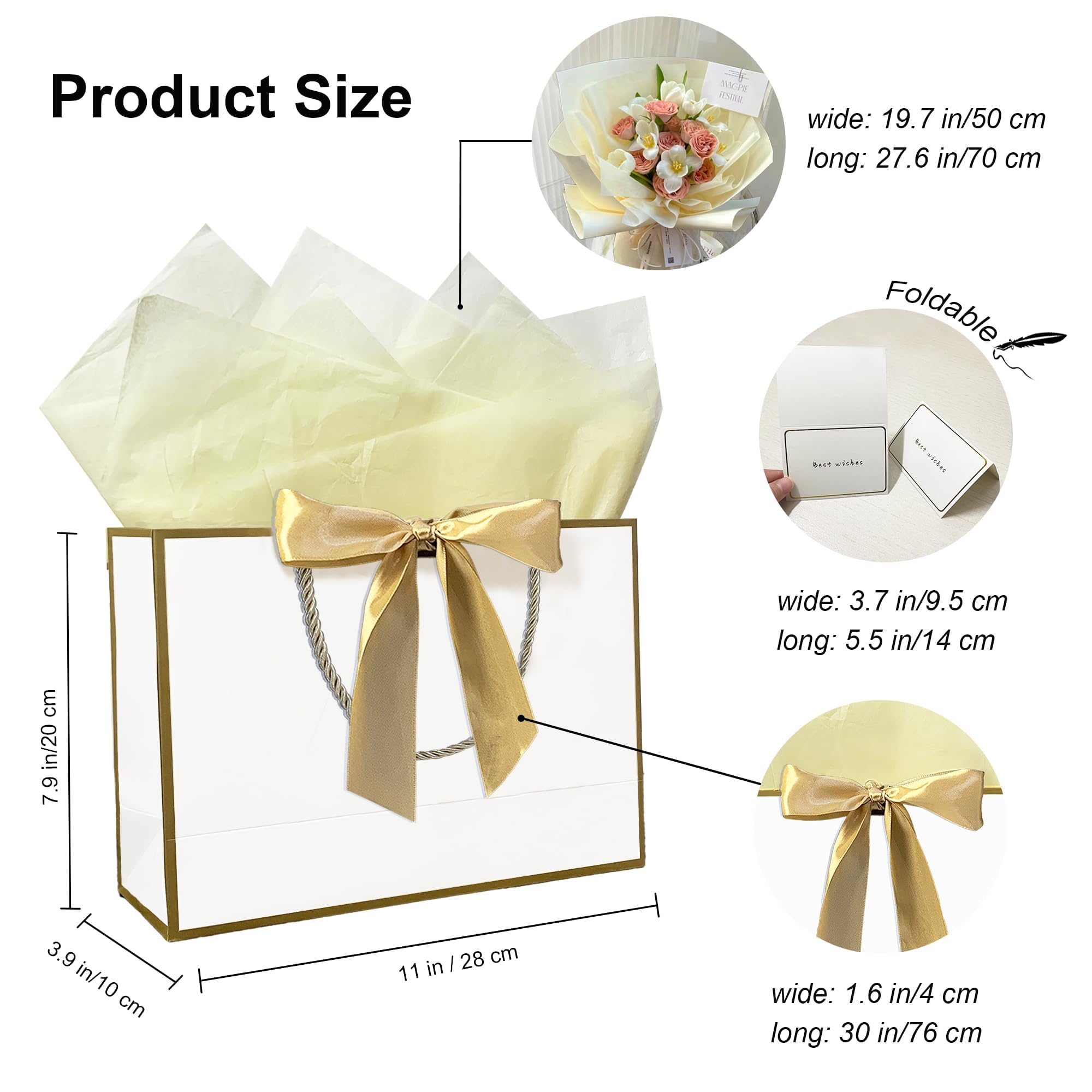 Gfractolux Gift Bags Medium, 2 Pack Gift Bags with Tissue Paper and Cards, Gift Bags with Handles for Birthdays, Baby Shower, weddings, Party Favor, Holiday Presents 11"X7.9"X3.9" (White and Gold)