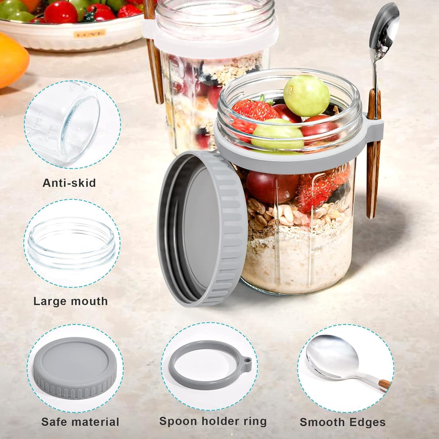 Vaootop 4-pack 16 oz Overnight Oats Containers with Lids and Spoons, Glass jars with Airtight Lids, Wide mouth Mason Salad jars, Glass Food Storage Containers for Snacks Yogurt Spice Sugar