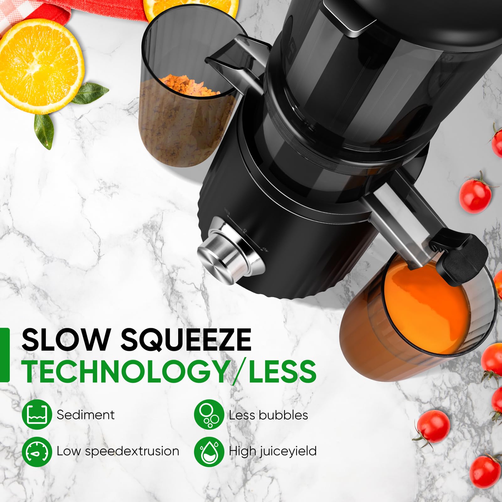 Cold Press Juicer,4.4"Large Feed Chute Slow Masticating Juicer Machines w/ 2 No-Metal Filters,Self Feeding Juice Extractor Easy Clean,Quiet Motor Juicer Machine