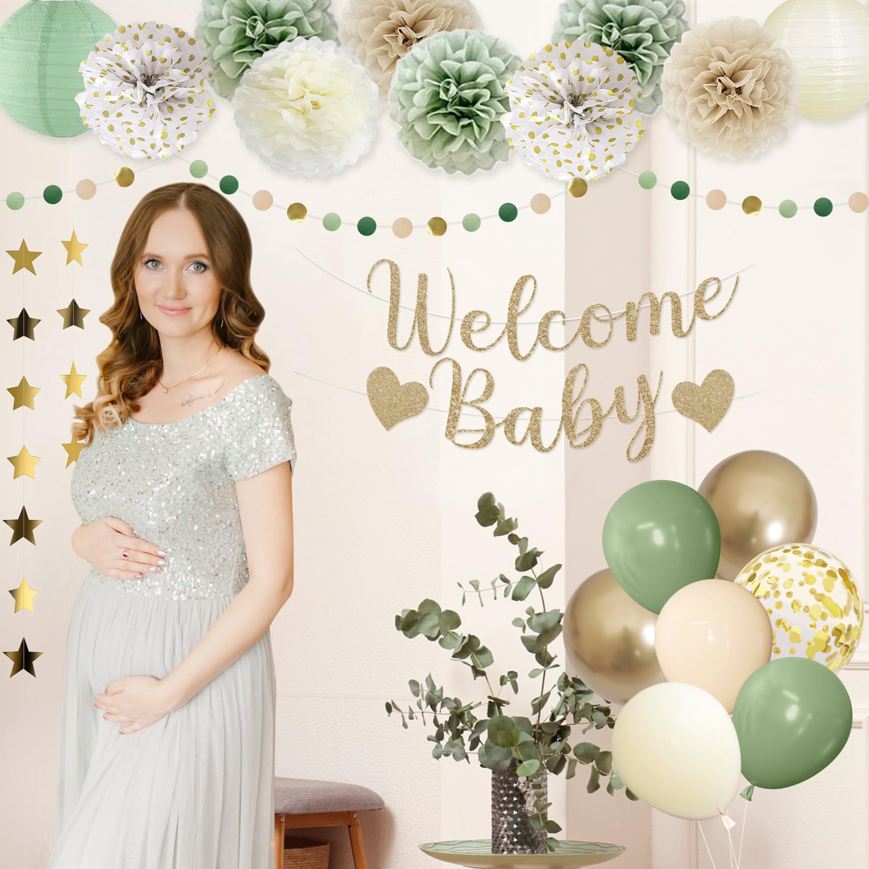 Amandir Baby Shower Decorations Sage Green Balloons Welcome Baby Banner, Cake Topper, Paper Lanterns, Pom Poms Flowers Tassels, Circle Dots Star Garland, Neutral Gender Reveal Birthday Party Supplies