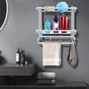 DAERNA Floating Shelves with Towel Rack, Wall Mounted Hanging Bathroom Shelves Over Toilet, No Drilling Stainless Shower Shelves, Corner Wall Shelf for Bedroom Organizers Kitchen Storage