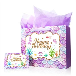 12.6" mermaid happy birthday gift bag set with greeting card and tissue papers for girls, women