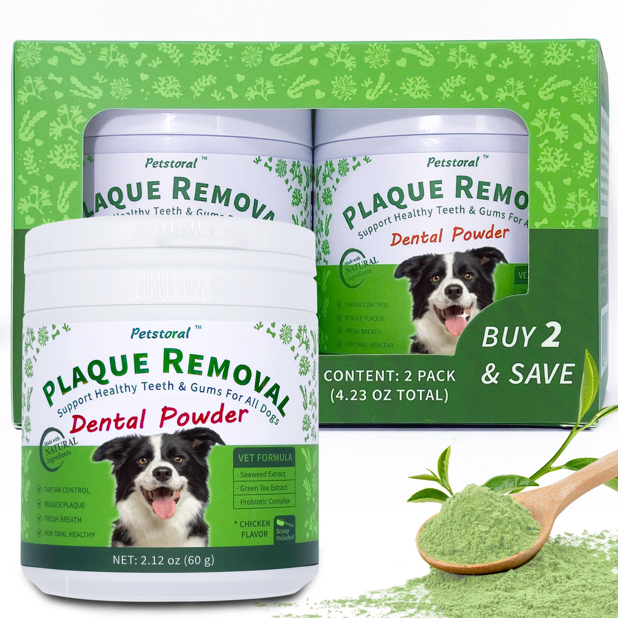 Petstoral 2-Pack Plaque Removal Natural Dental Powder, Dog Dental Care and Bad Breath Treatment, Dog Teeth Cleaning Powder for Healthy Teeth & Gums for All Dogs