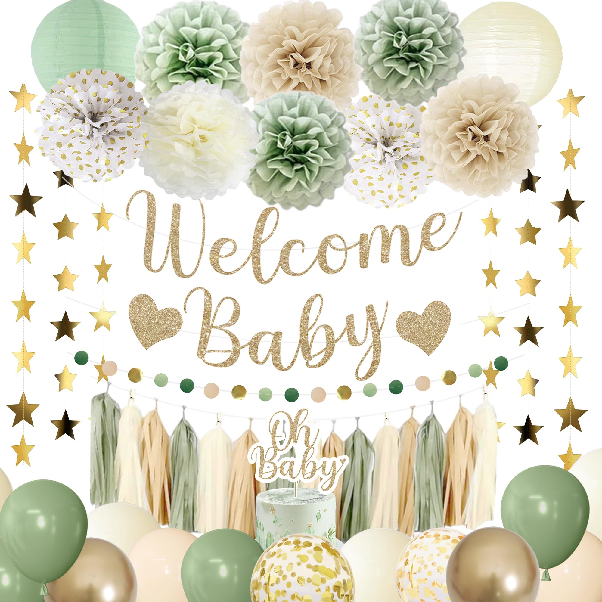 Amandir Baby Shower Decorations Sage Green Balloons Welcome Baby Banner, Cake Topper, Paper Lanterns, Pom Poms Flowers Tassels, Circle Dots Star Garland, Neutral Gender Reveal Birthday Party Supplies