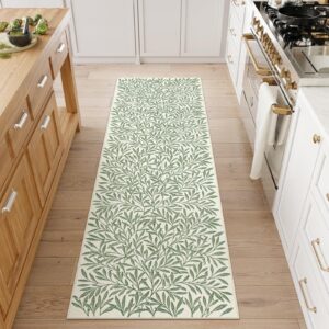 lahome botanical boho runner rug, soft green kitchen runner rugs non skid, washable leaf carpet runner for hallway 8ft, non shedding modern rug for entryway porch (2'5''x8', green)