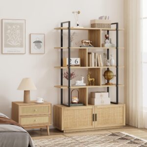 CABIHOME 5 Tier Rattan Bookshelf with Storage Cabinet & Door, 71.1 Inch Tall Industrial Book Shelf with Open Display Shelves, 5 Shelf Bookcase with Metal Frame for Living Room, Bedroom (Burlywood)