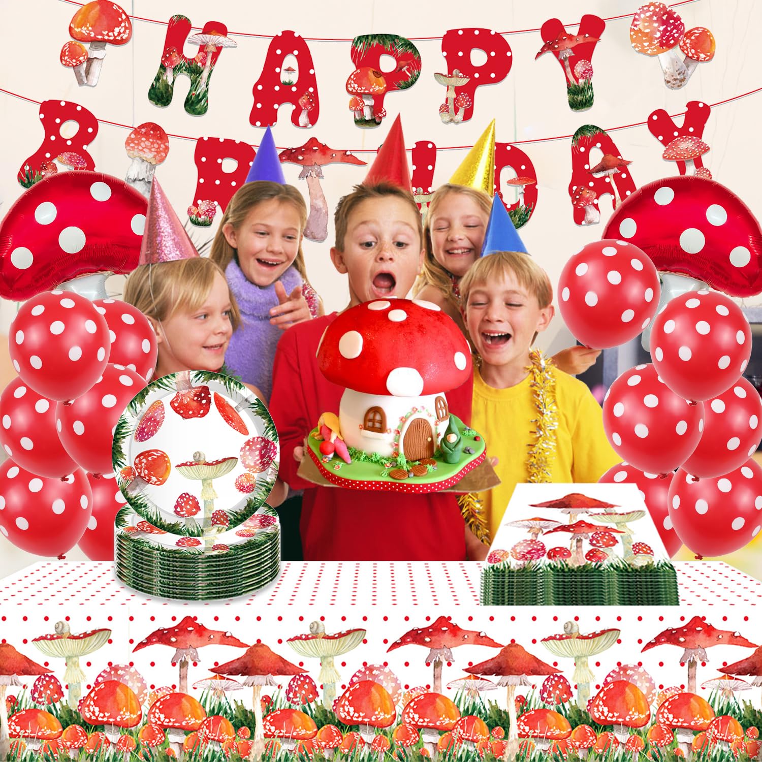 44 PCS Mushroom Birthday Party Decorations, Mushroom Party Favors Supplies Mushroom Birthday Banner Mushroom Balloons Mushroom Tablecloth Mushroom Plates and Napkins for Kids Boys Girls Baby Shower