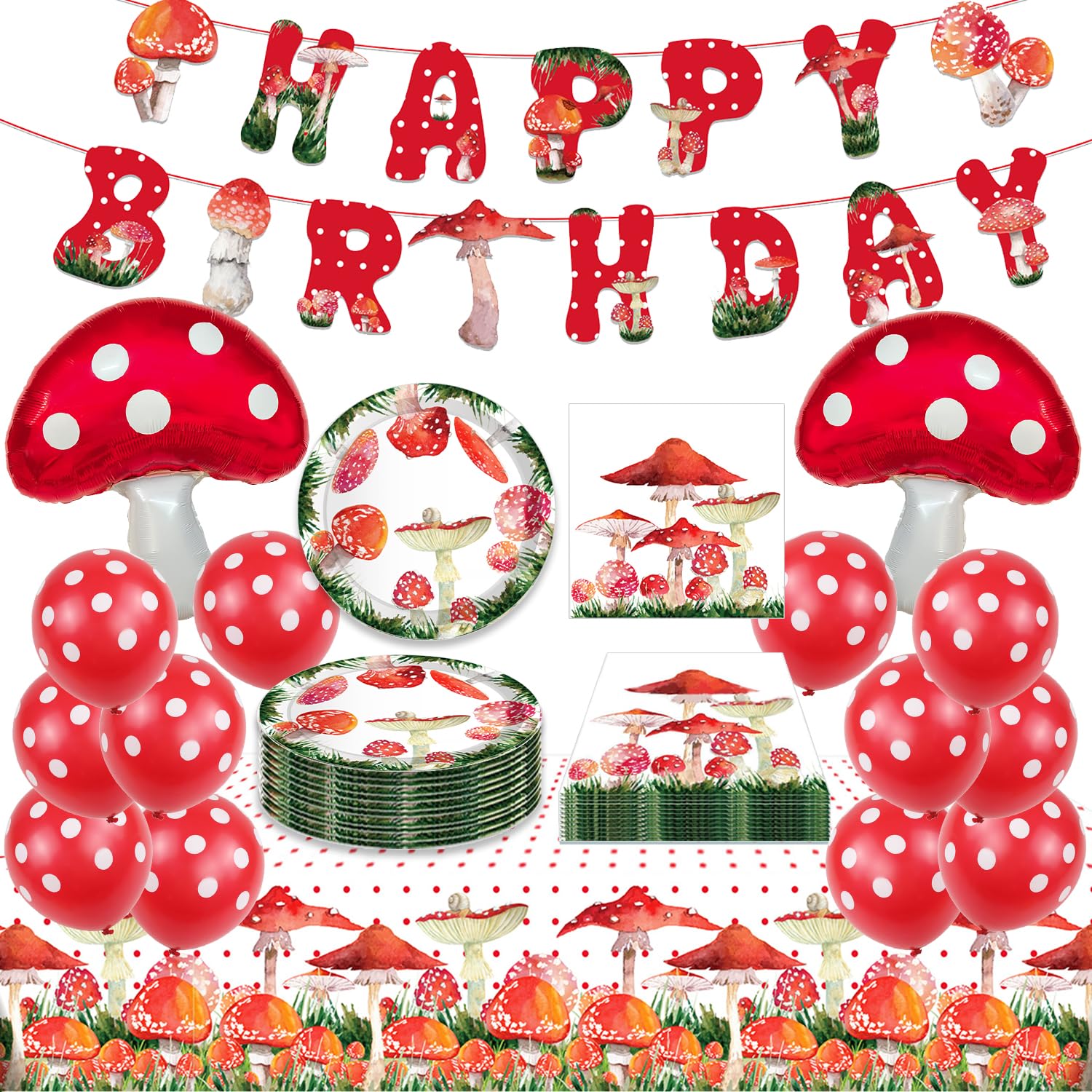 44 PCS Mushroom Birthday Party Decorations, Mushroom Party Favors Supplies Mushroom Birthday Banner Mushroom Balloons Mushroom Tablecloth Mushroom Plates and Napkins for Kids Boys Girls Baby Shower