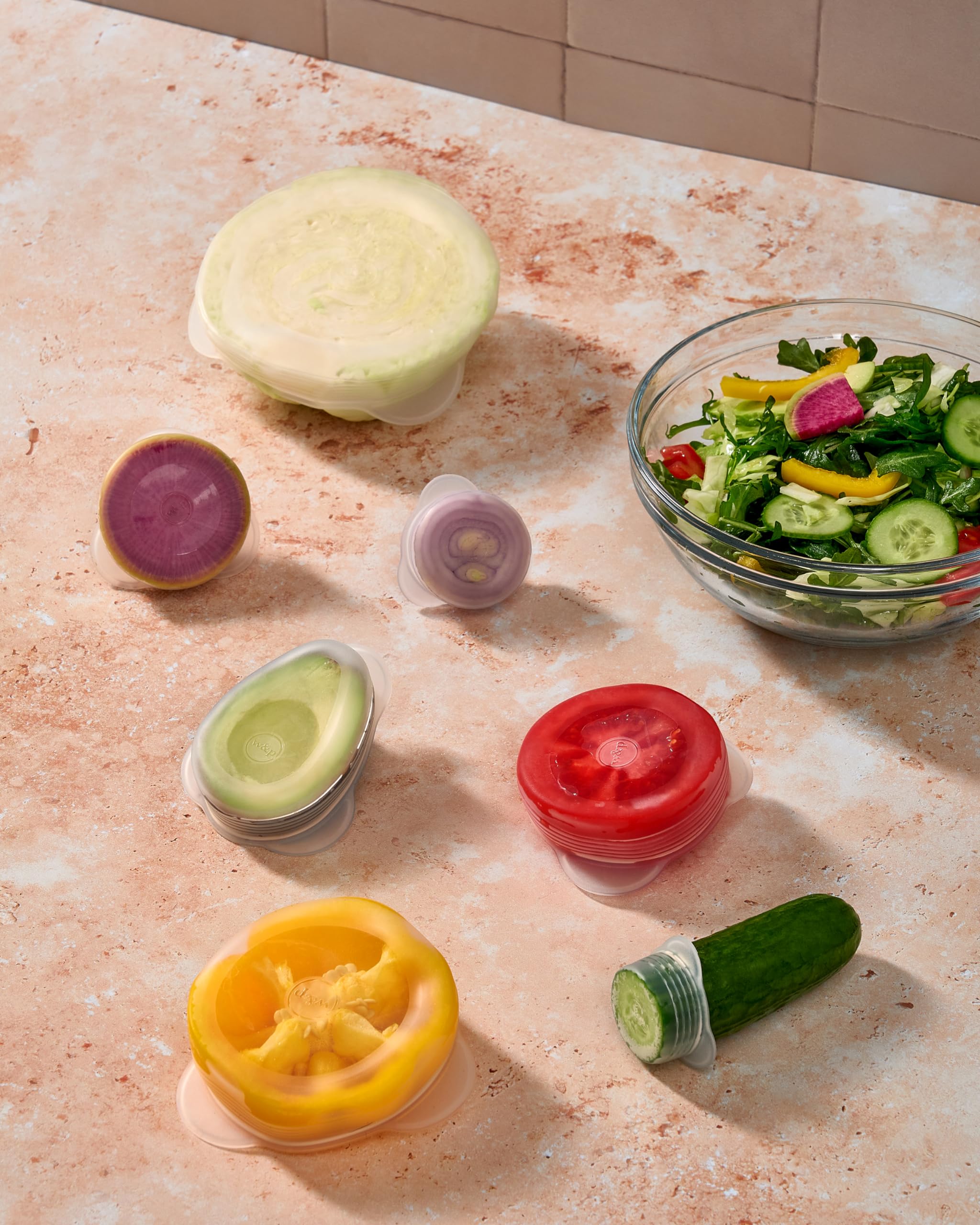 W&P Reusable Produce Savers, Set of 7, Covers Fruits & Vegetables To Keep Fresh, Dishwasher Safe, Avocado & Onion Saver